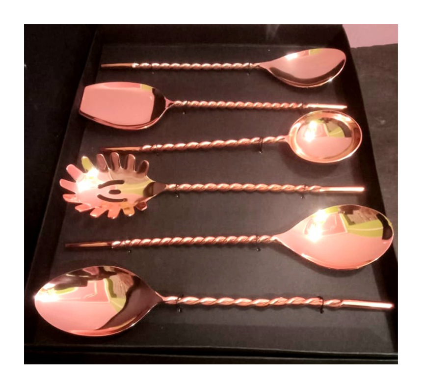 COPPER 6 PC CUTLERY SET OF COPPER FINISH SERVER SPOONS # 6831
